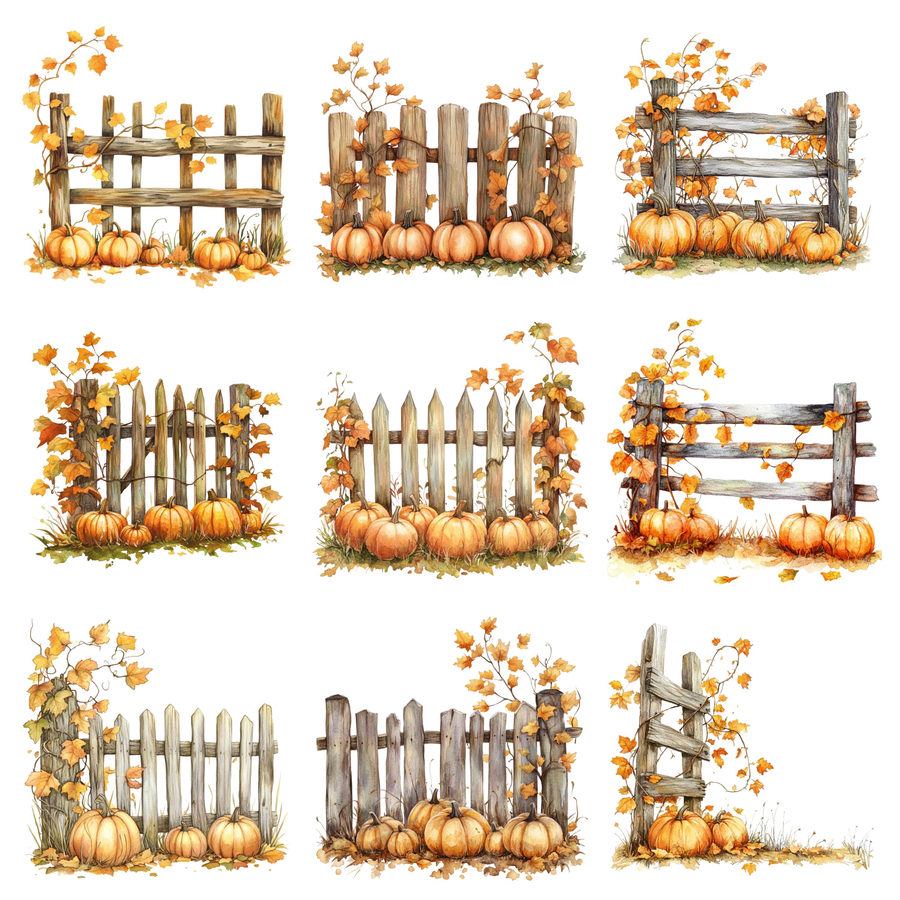 35 Fall Fence Watercolor Clipart, PNG Individual Images on Transparent ...