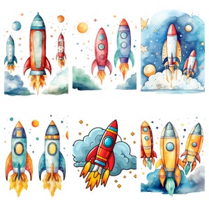 Watercolor Rocket Ships Clipart, PNG Digital Files on Transparent ...