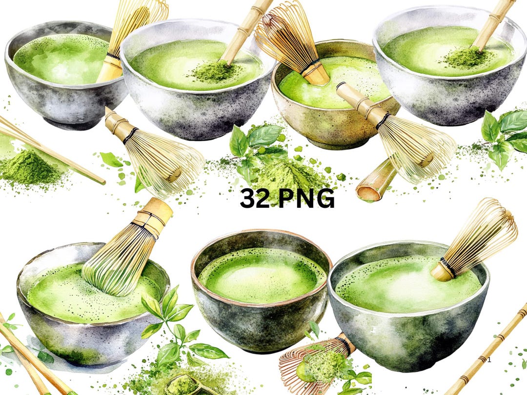 32 Matcha Tea Watercolor Clipart, PNG Digital Files on Transparent ...
