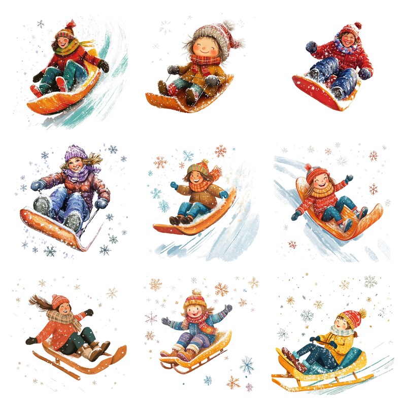17 Kids on Sleds Watercolor Clipart, Winter Clipart, PNG Individual ...