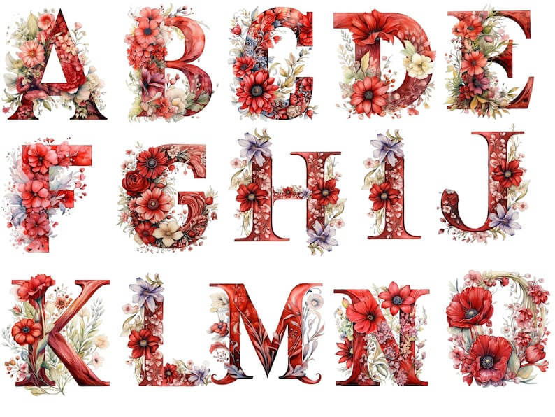 Watercolor Floral Red Alphabet Clipart Floral Alphabet - Etsy