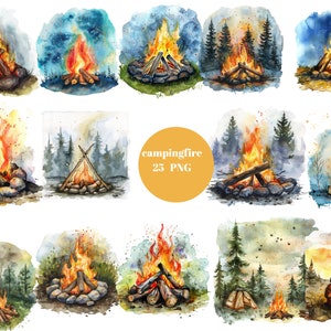 25 Campfires Watercolor Clipart, Camping Clipart, PNG Digital Files on ...
