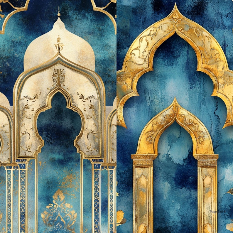 Blue Gold Islamic Arch Digital Paper, Middle Eastern Palace Background ...