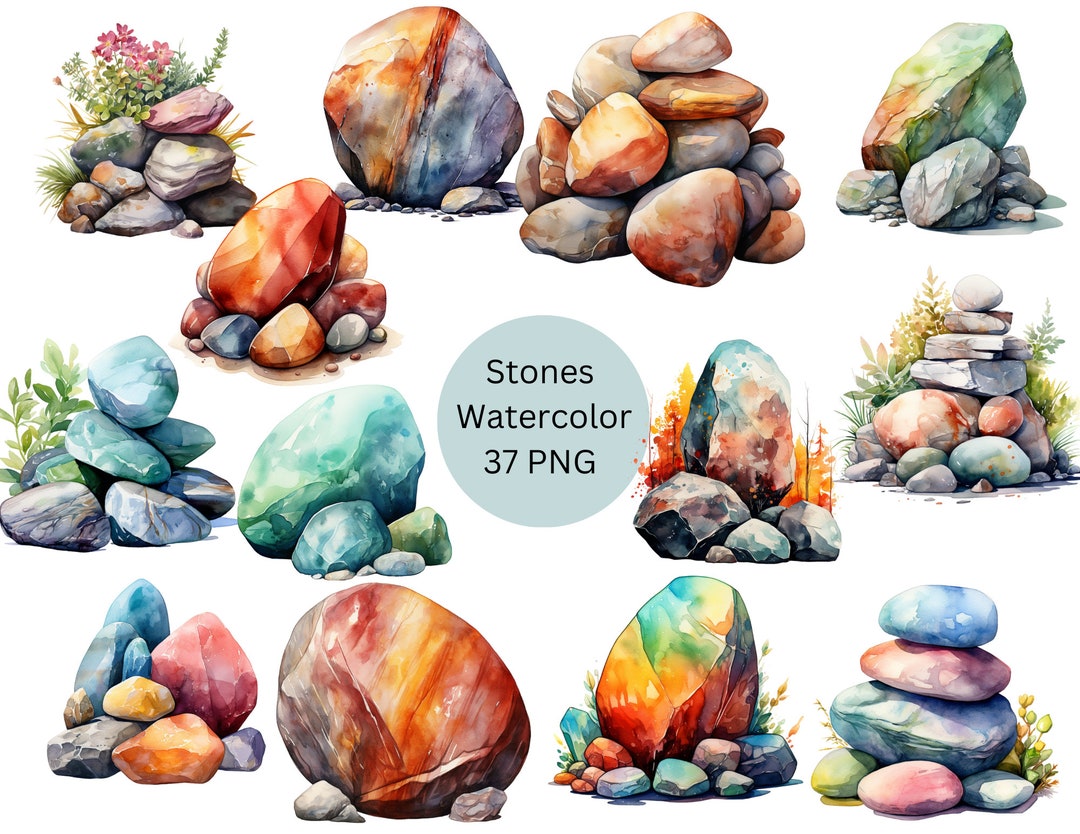 Watercolor Stones Clipart, PNG Digital Files on Transparent Background ...