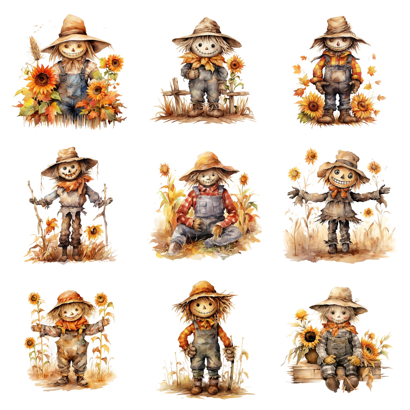 38 Scarecrow Watercolor Clipart, Halloween Clipart, PNG Digital Files ...