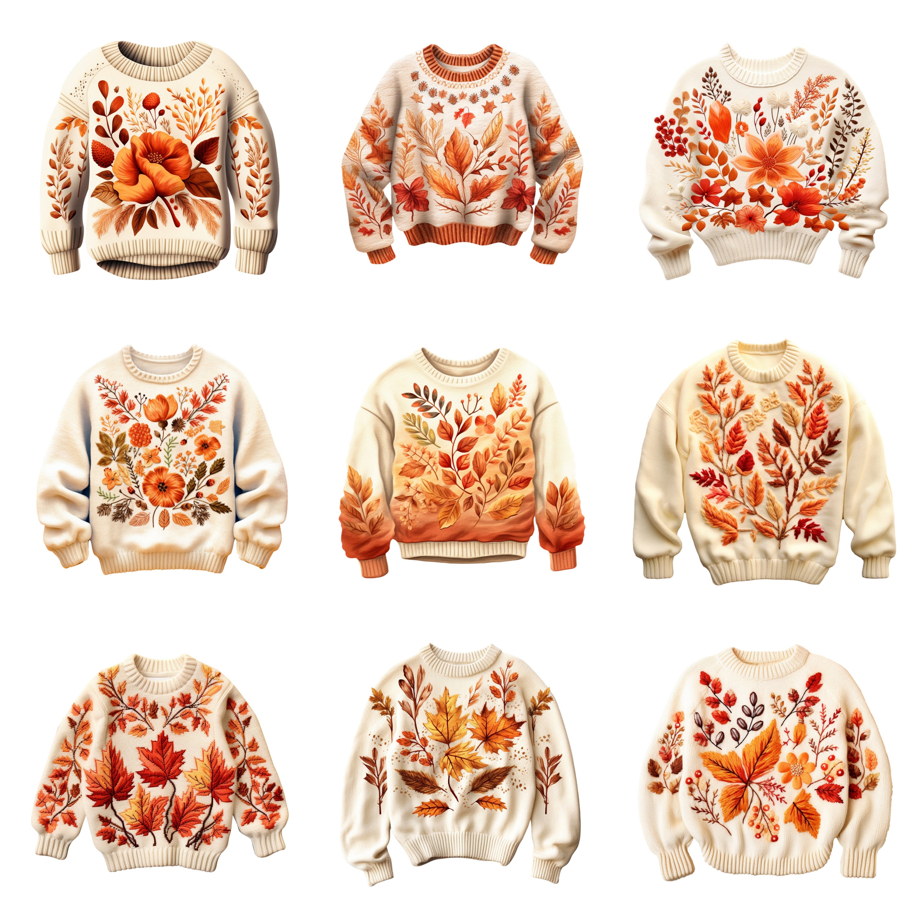 Embroidered Fall Sweaters Clipart, PNG Digital Files on Transparent ...