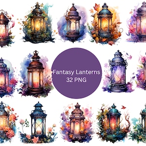 Watercolor Fantasy Lanterns Clipart, PNG Digital Files on a Transparent ...