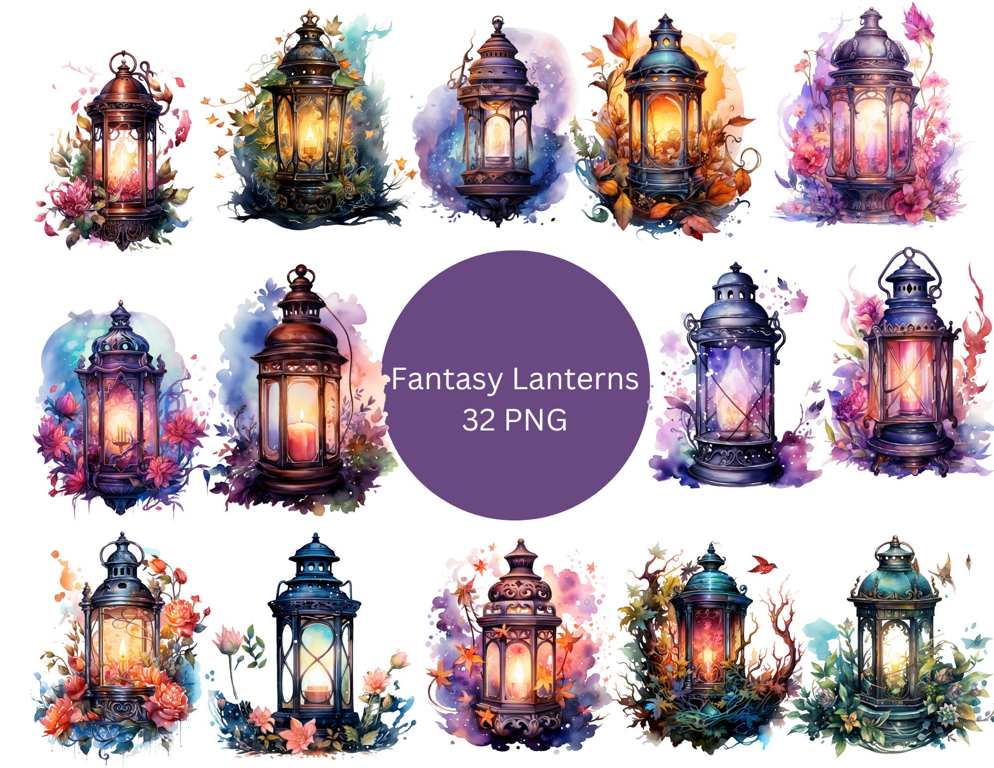 Watercolor Fantasy Lanterns Clipart PNG Digital Files on a - Etsy