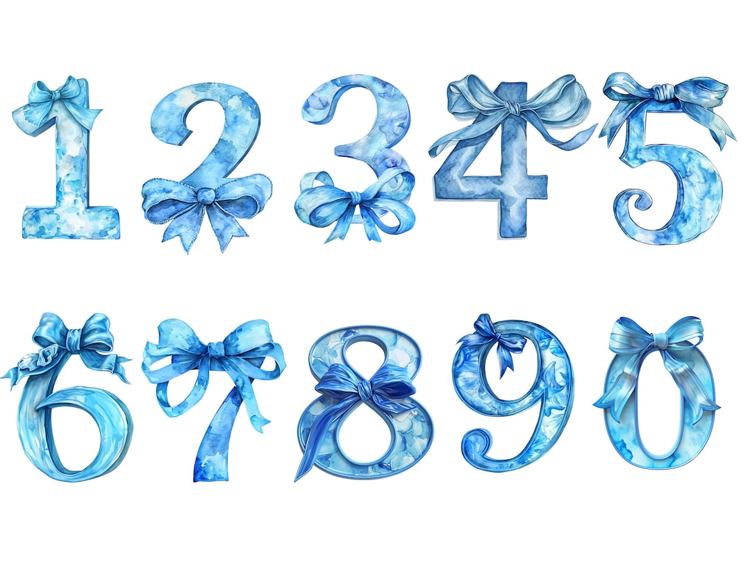 Watercolor Blue Bow Numbers, Bow Numbers, Instant Download for ...
