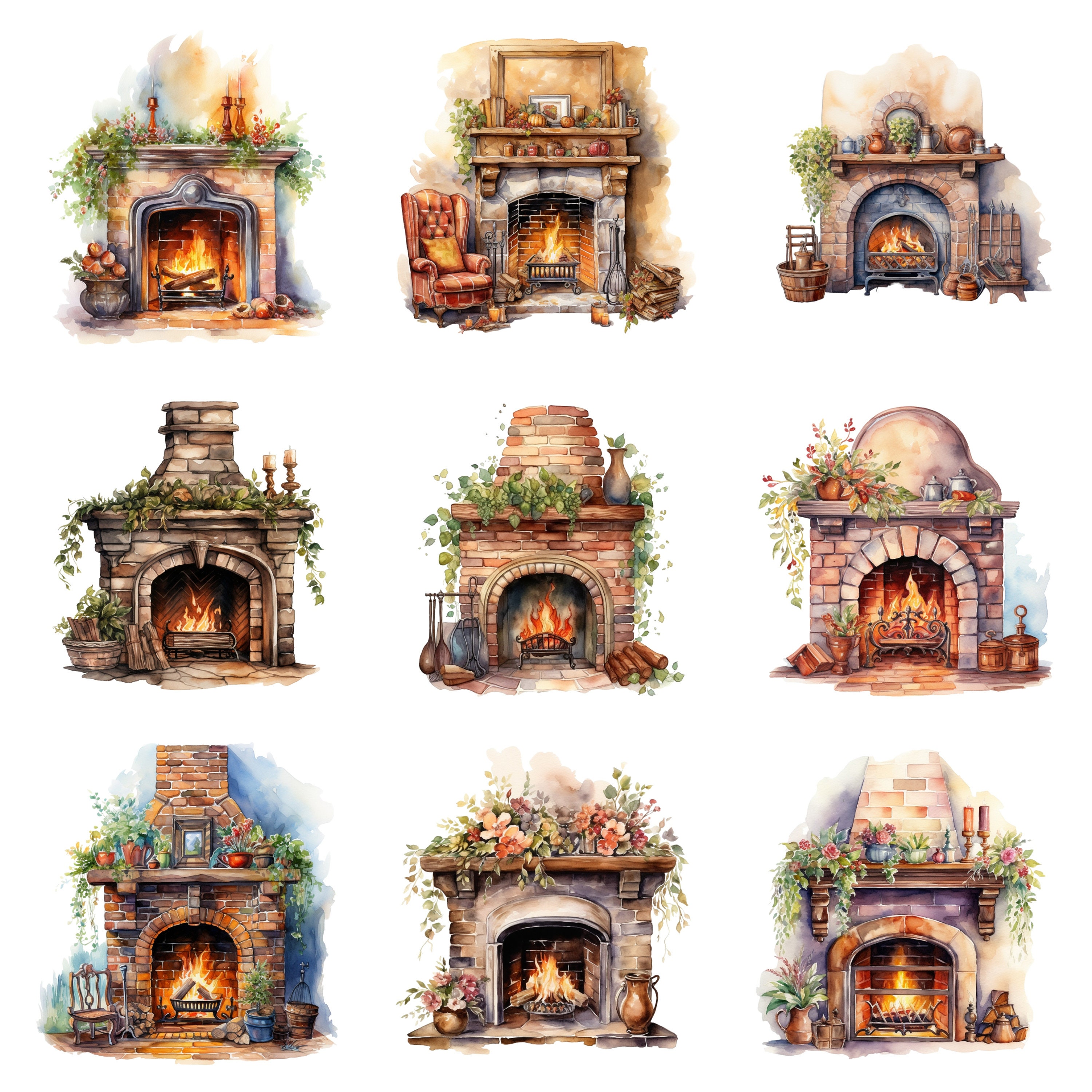 Watercolor Fireplaces Clipart, PNG Digital Files on Transparent ...