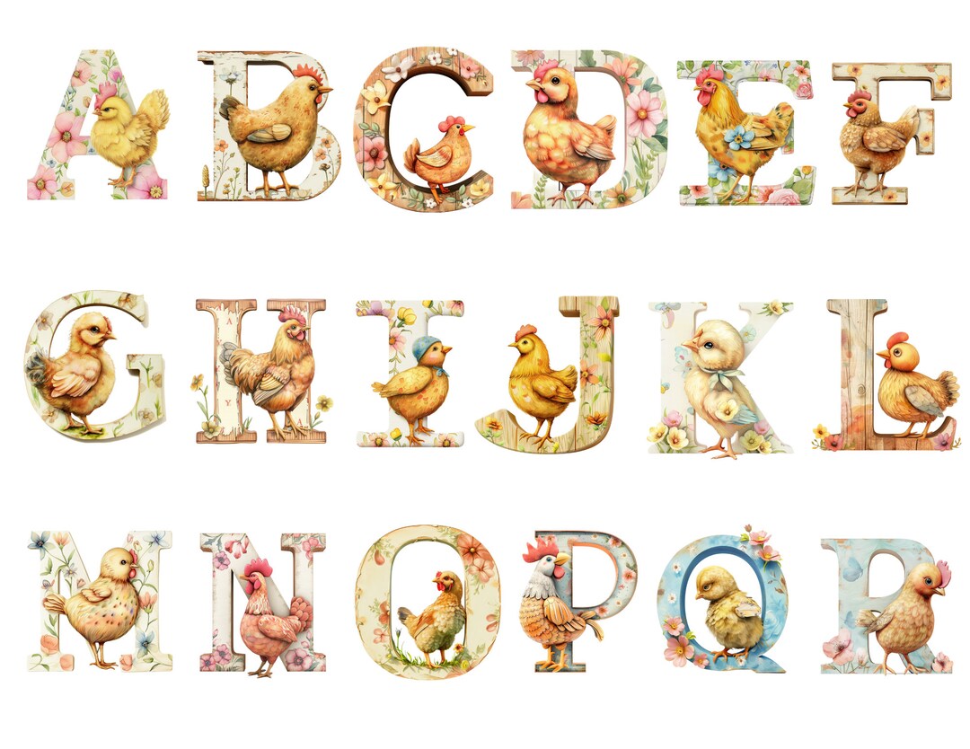 Watercolor Cute Chicken Alphabet Clipart, PNG Individual Images on ...