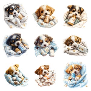 26 Puppies With Milk Bottle Watercolor Clipart, Animals Clipart, PNG ...