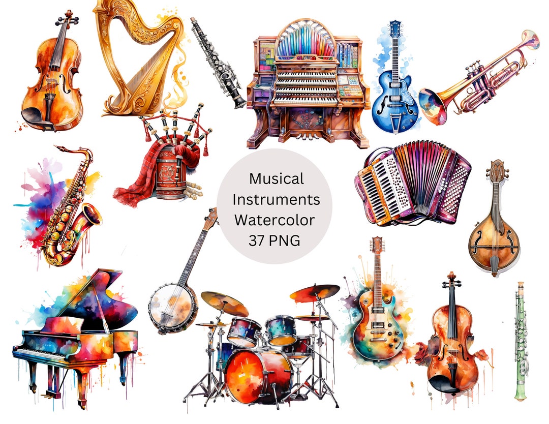 Watercolor Musical Instruments Clipart, PNG Digital Files on ...