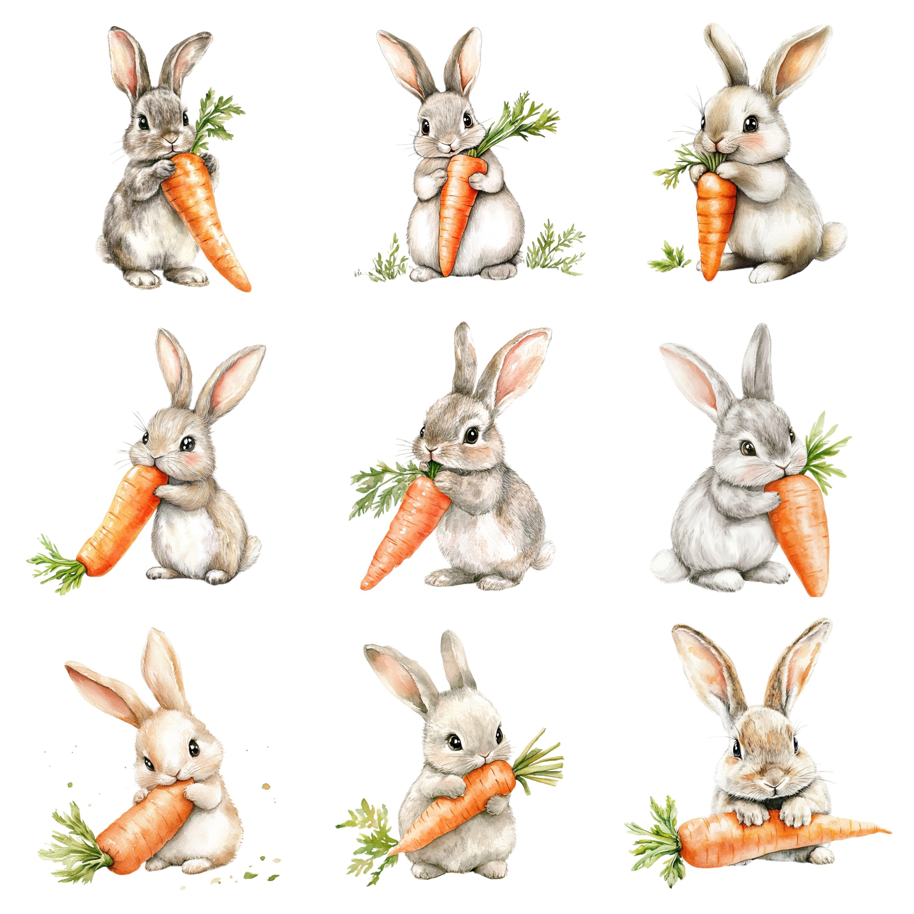37 Bunnies With Carrots Watercolor Clipart, Bunny Clipart, PNG ...