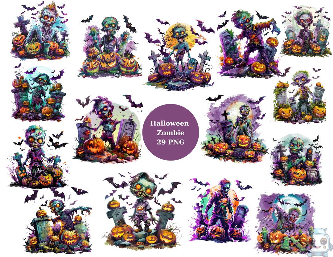 Halloween Zombie Watercolor Clipart, Halloween Clipart, PNG Individual ...