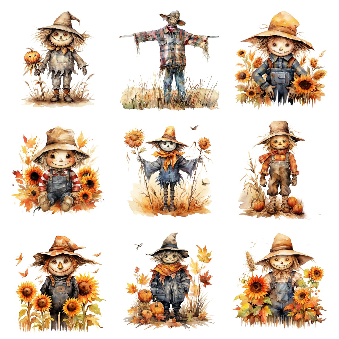 38 Scarecrow Watercolor Clipart, Halloween Clipart, PNG Digital Files ...