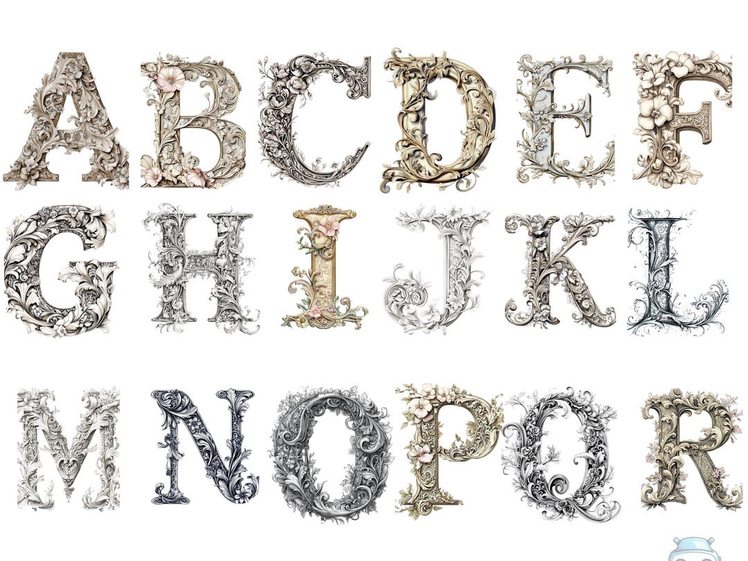 Elegant Vintage Ornate Alphabet Clipart - Intricate Floral Monogram ...