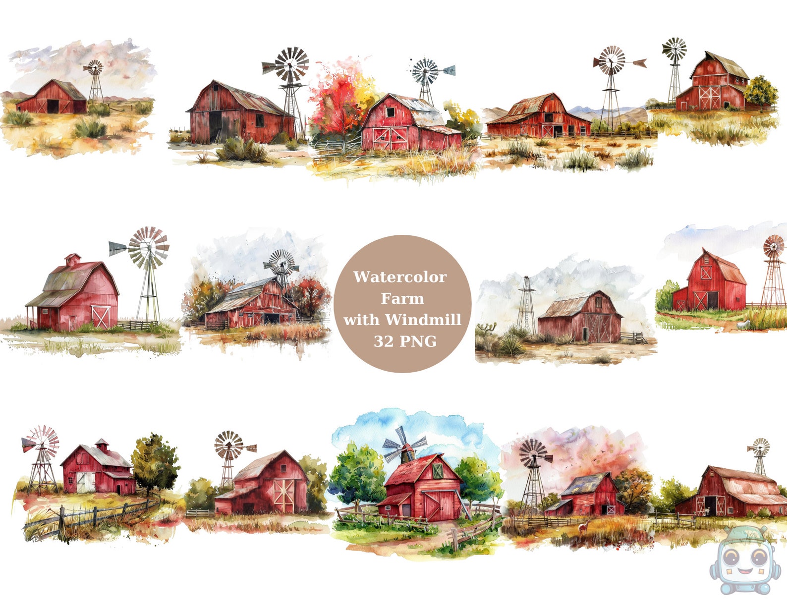 Watercolor 32 Farm With Windmill Clipart, PNG Digital Files on ...