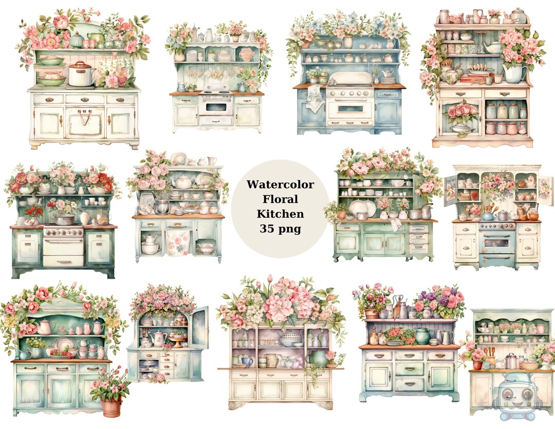 Watercolor Floral Kitchen Clipart, PNG Digital Files on a Transparent ...