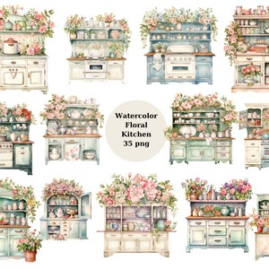 Watercolor Floral Kitchen Clipart, PNG Digital Files on a Transparent ...