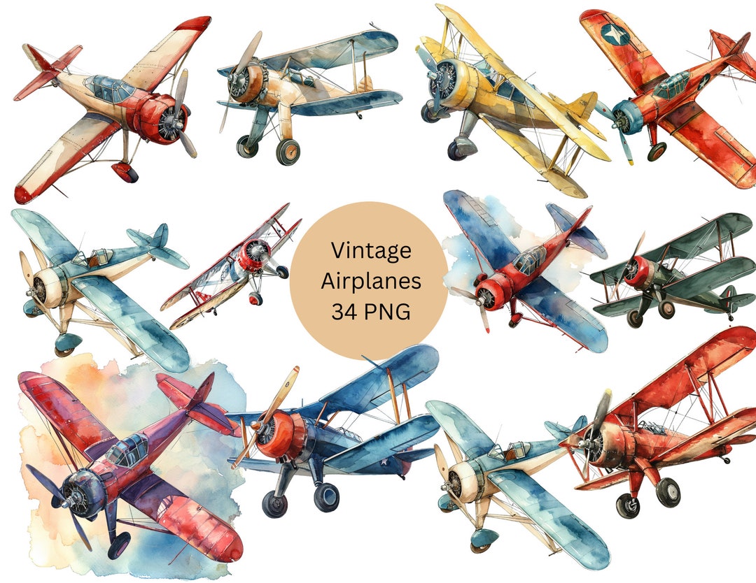 Watercolor Vintage Airplanes Clipart, PNG Digital Files on Transparent ...