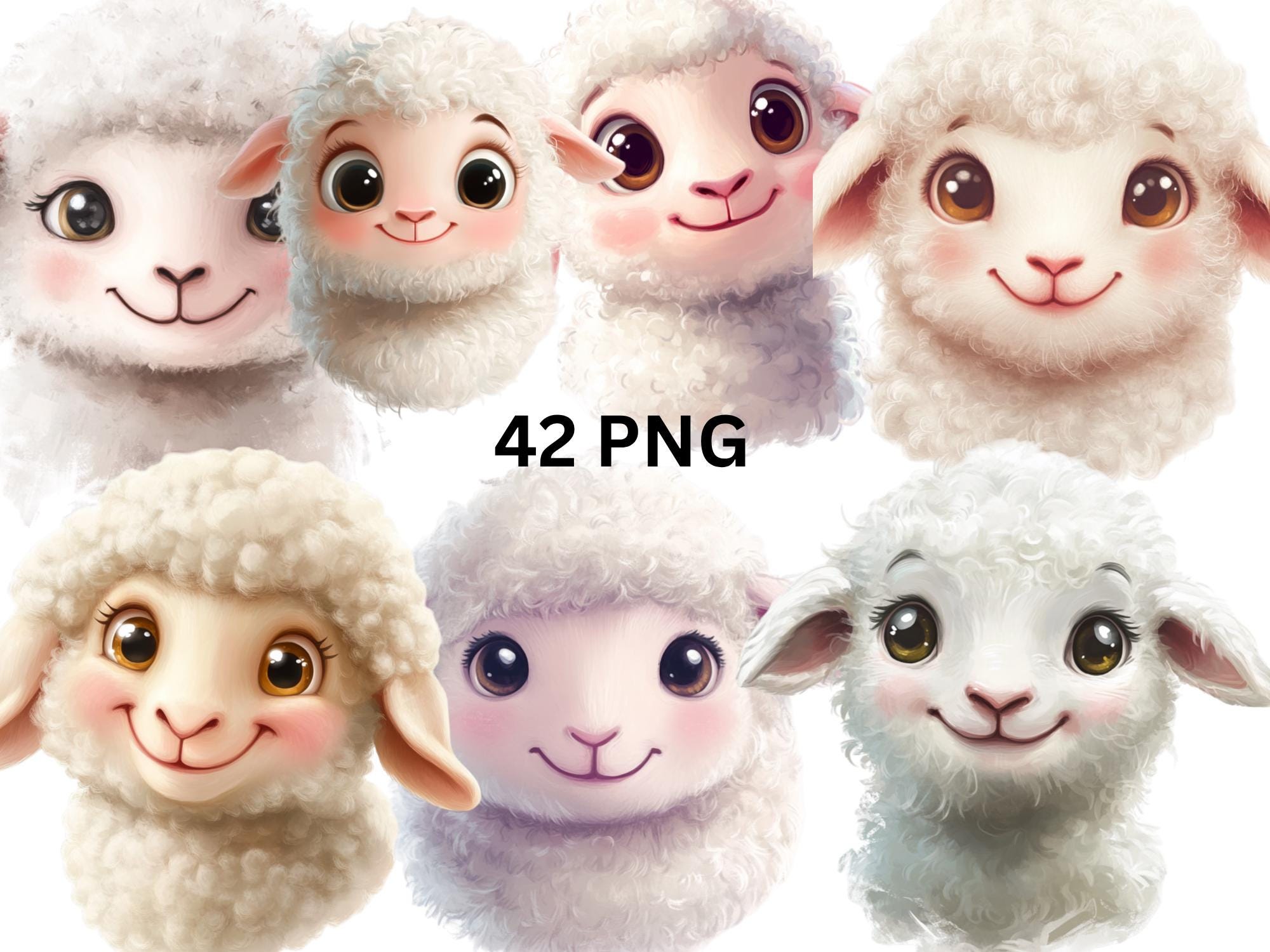 Cute Baby Lamb Faces Clipart, 42 Adorable Cartoon Sheep PNG ...