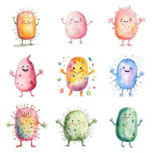 Adorable Watercolor Bacteria Clipart Set - 38 Cute Microbe Characters ...