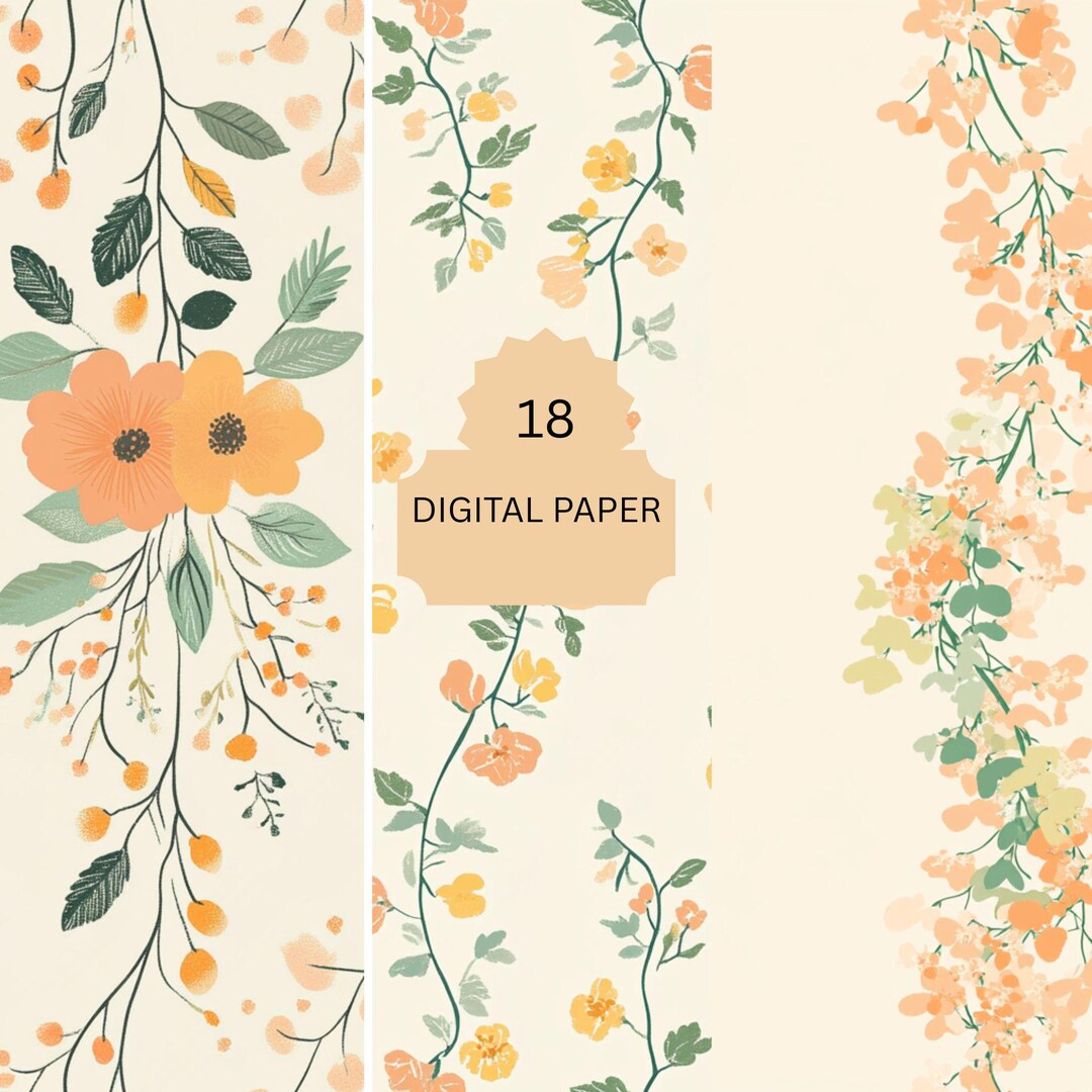 Orange Floral Digital Paper – 18 Soft Botanical Backgrounds With Yellow ...
