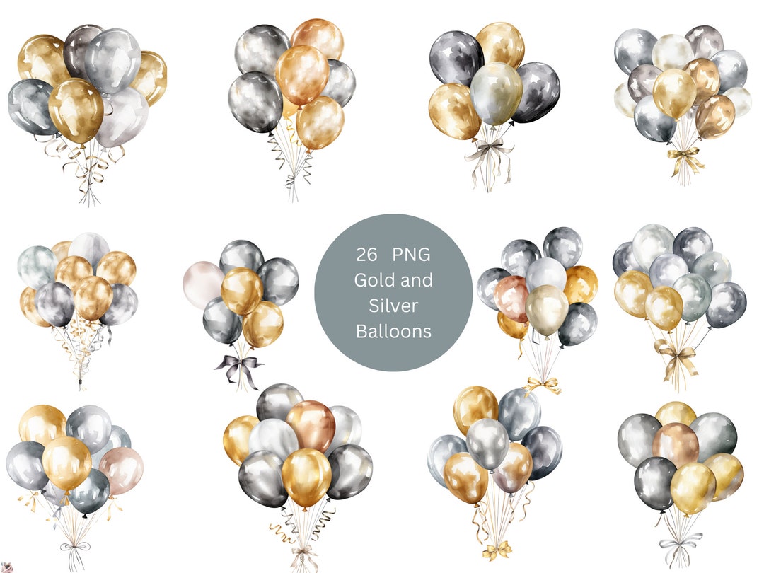 26 Gold and Silver Balloons Watercolor Clipart, Balloon Clipart, PNG ...