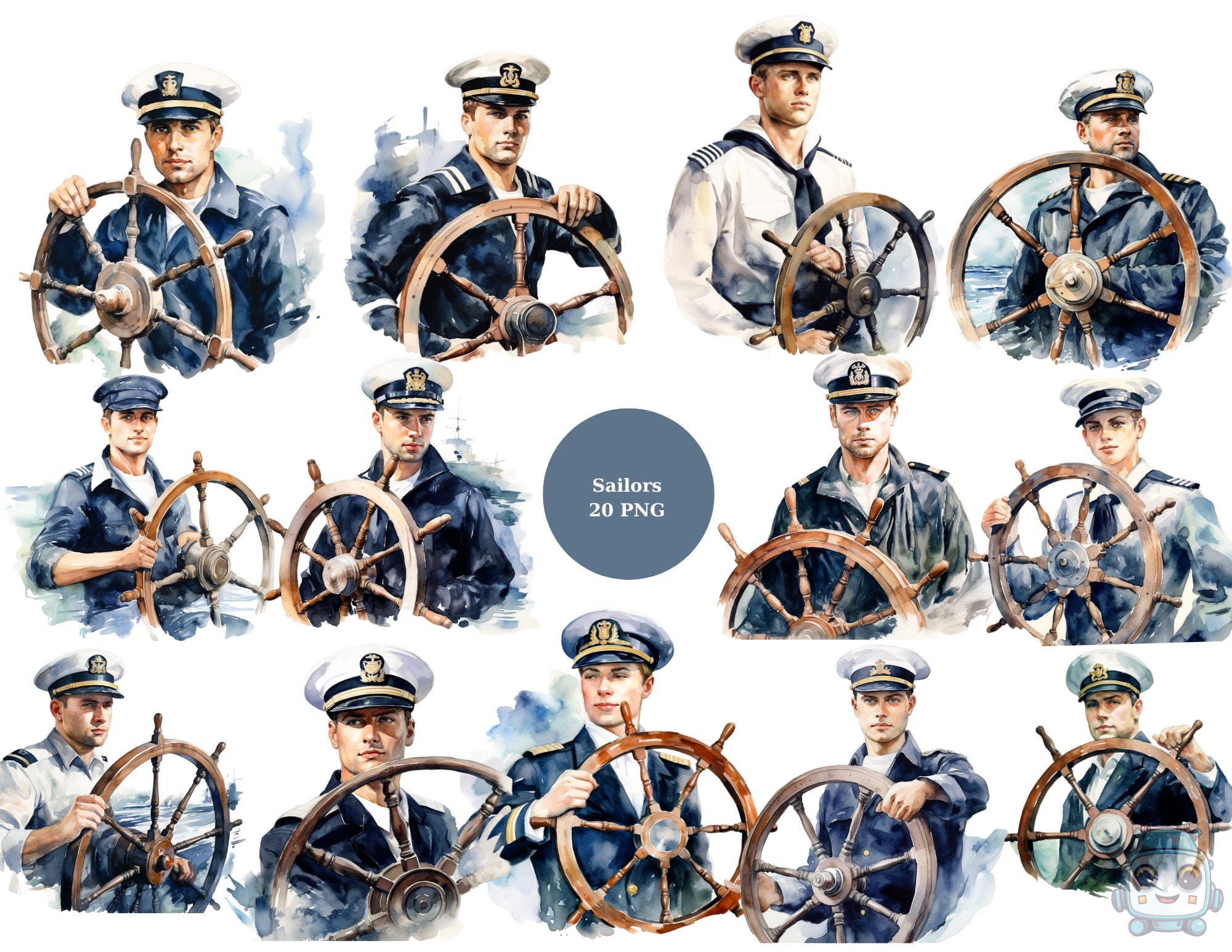 20 Sailors Watercolor Clipart, Nautical Clipart, PNG Individual Images ...