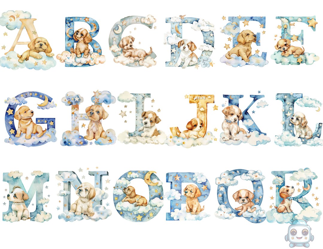 Watercolor Baby Dog Alphabet Clipart, PNG Individual Images on ...