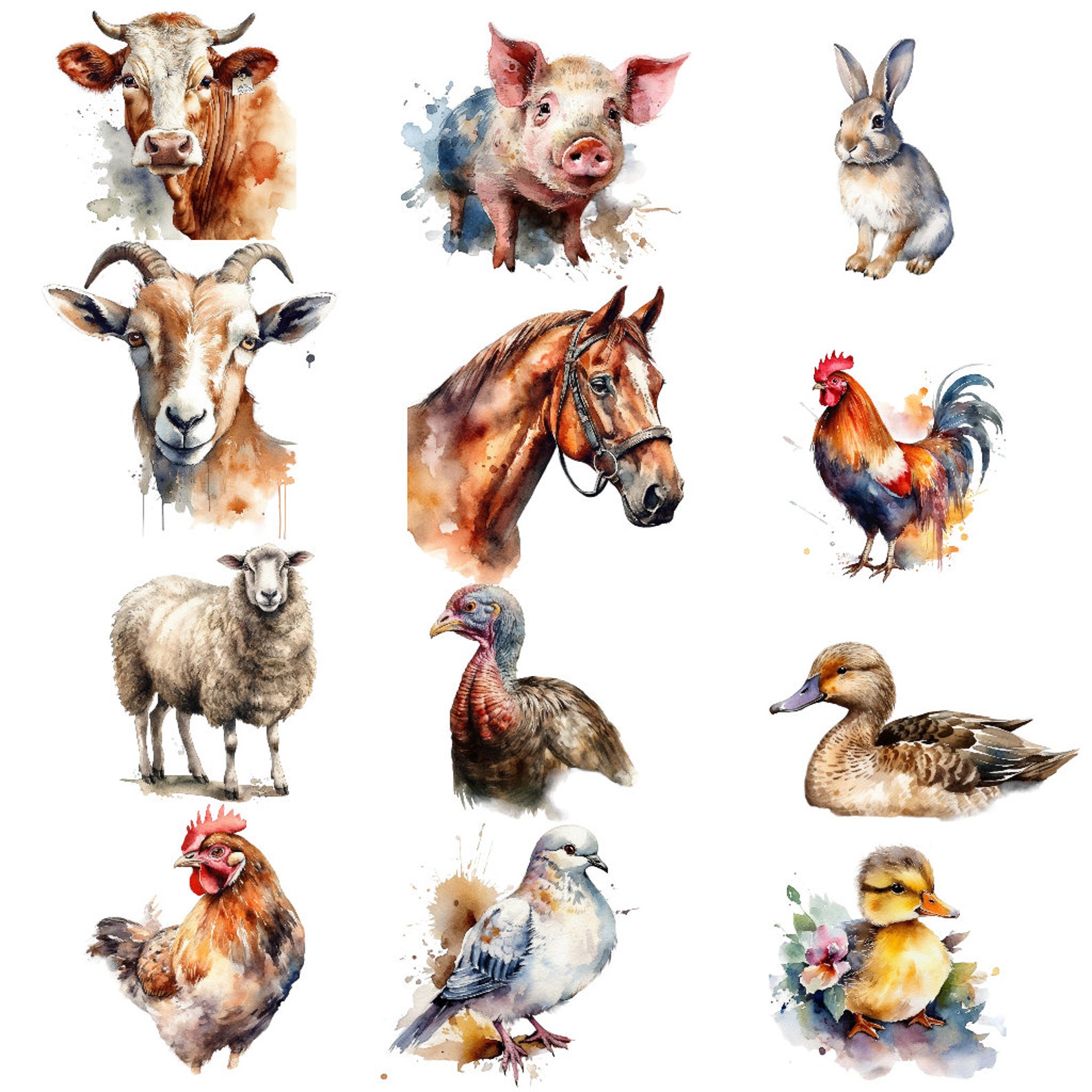 Farm Animals Bundle, Watercolor, 21 Beautiful PNG Images, Transparent ...