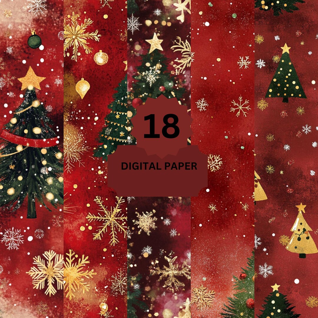 Christmas Tree Digital Paper – 18 Red and Gold Holiday Backgrounds With ...