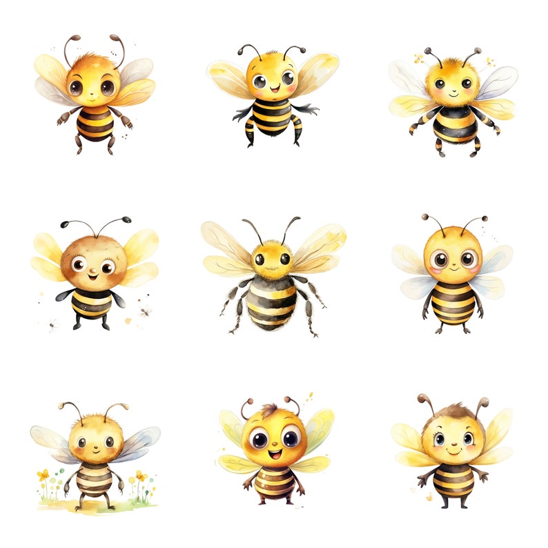 16 Cute Bees Watercolor Clipart, Kids Clipart, Insects Clipart, PNG ...