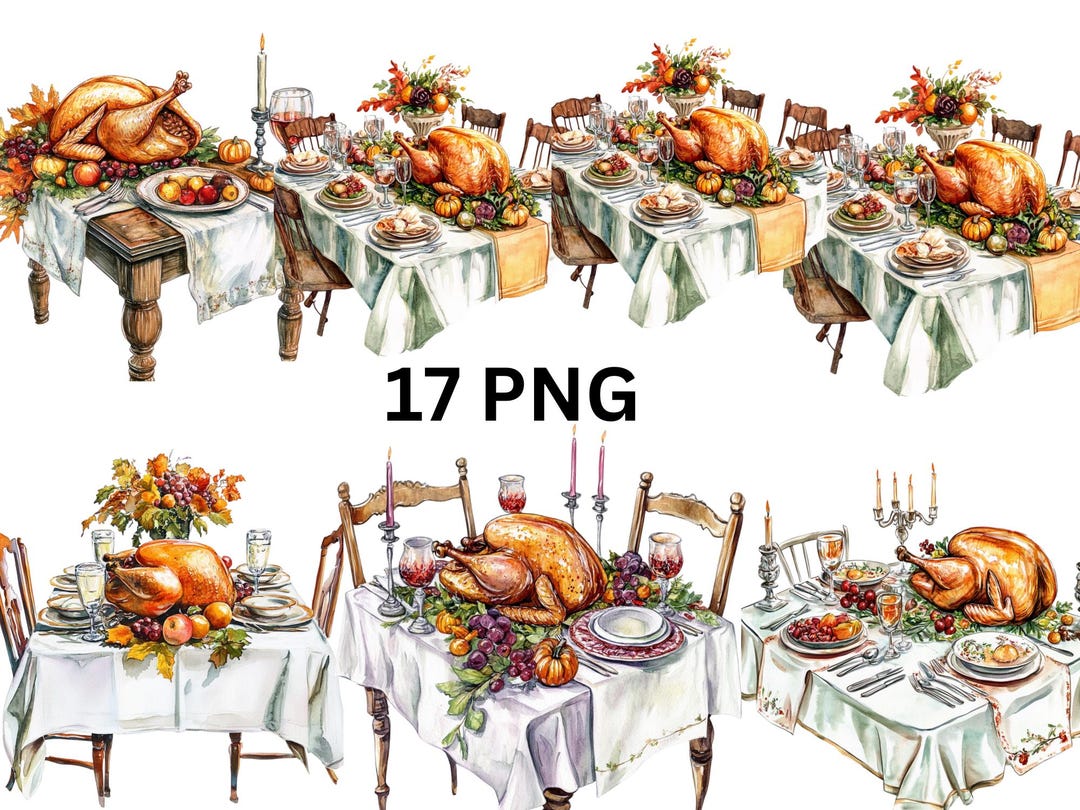 Thanksgiving Feast Table Setting Clipart - 17 PNG Watercolor ...