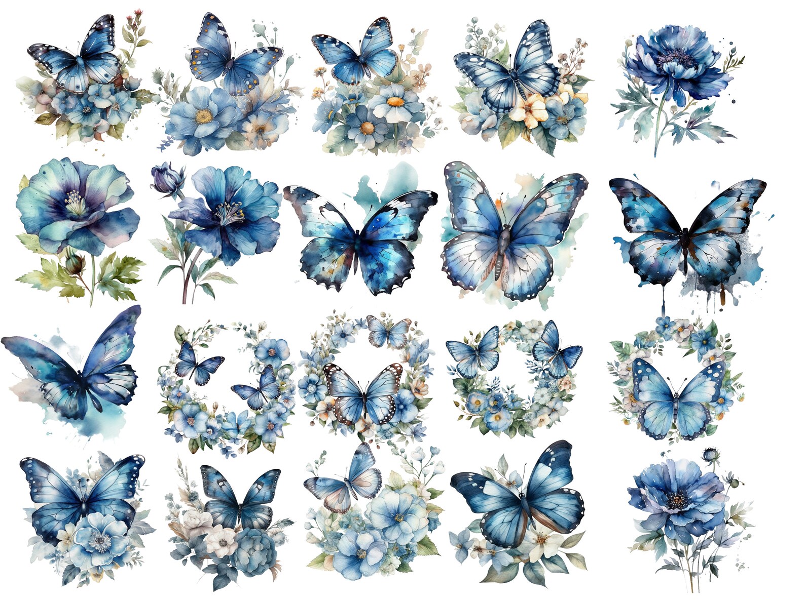 Watercolor Blue Butterfly Floral Clipart PNG Digital Files - Etsy