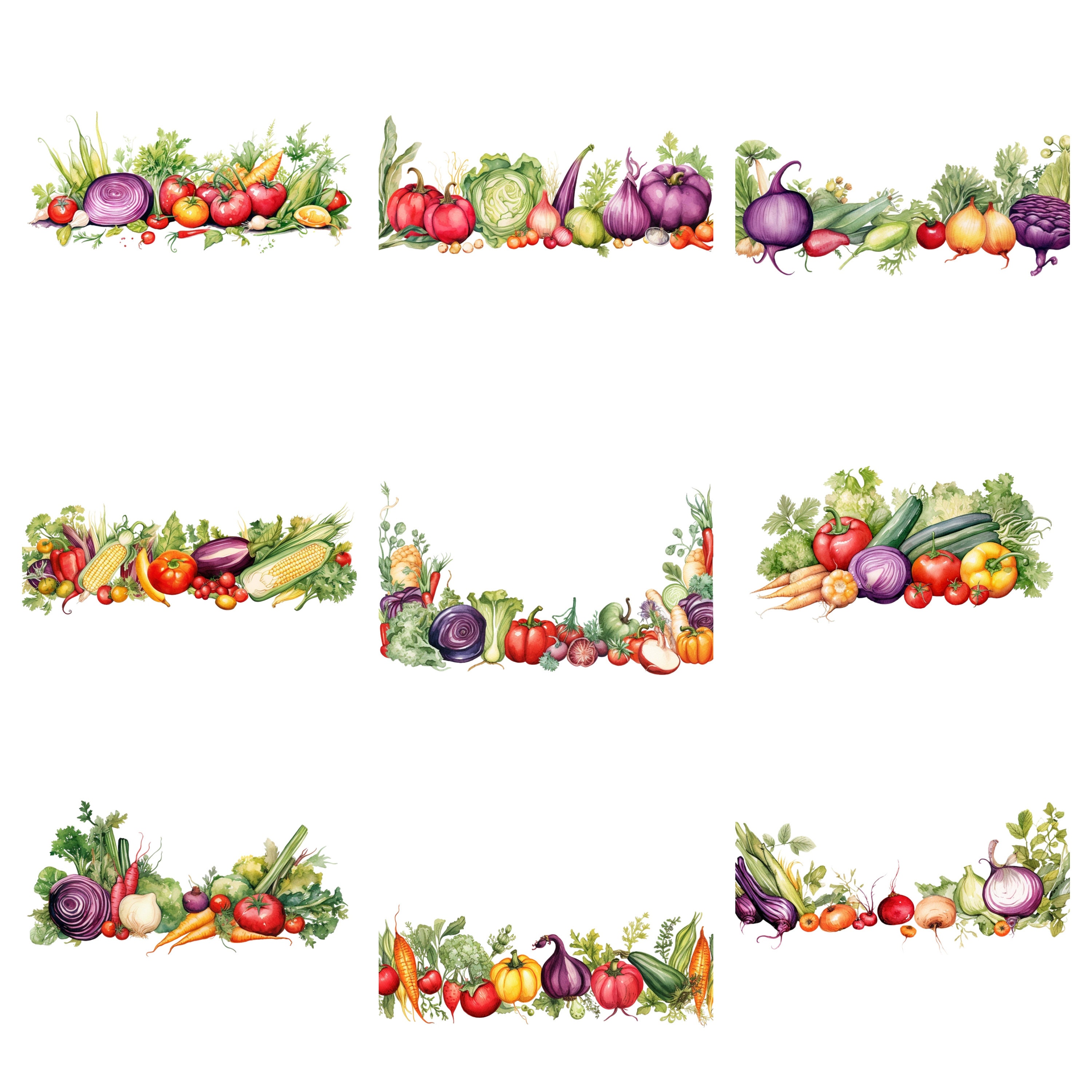 Watercolor Vegetable Borders Clipart, PNG Digital Files on Transparent ...