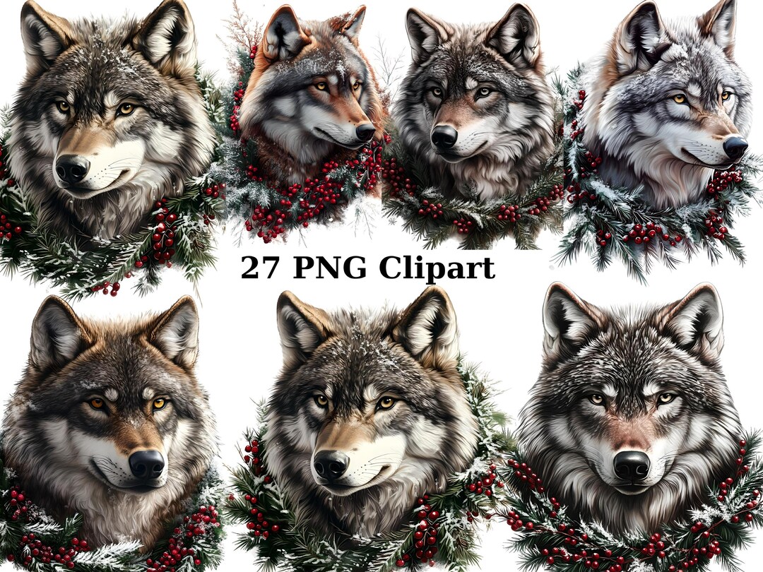 27 Wolves With Festive Garlands Watercolor Clipart, Christmas Clipart ...
