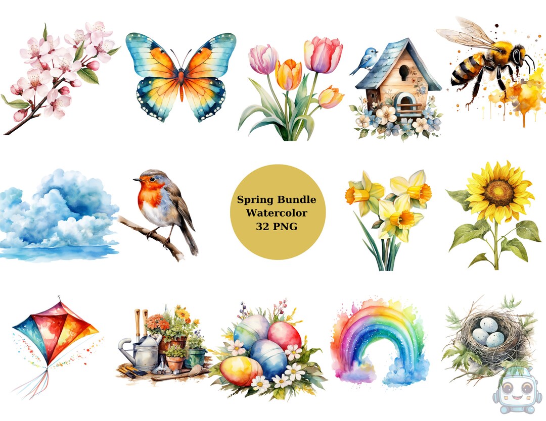 32 Spring Bundle Clipart, Watercolor Clipart, PNG Individual Images on ...