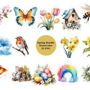 32 Spring Bundle Clipart, Watercolor Clipart, PNG Individual Images on ...