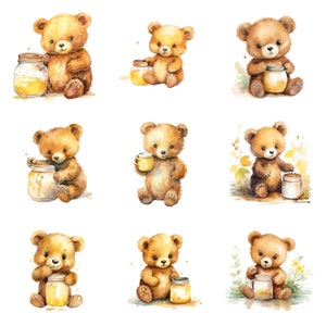 31 Adorable Bear Cub With Honey Watercolor Clipart, Bear Clipart, PNG ...