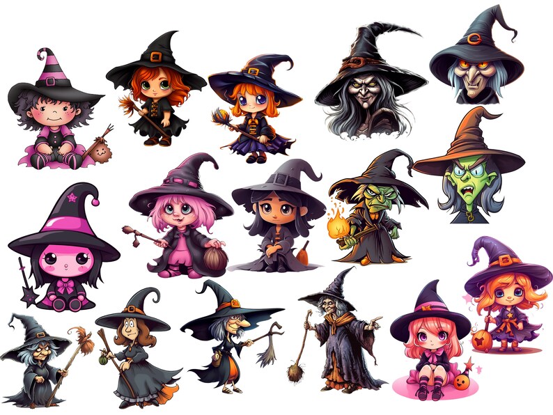 Animated Witches Clipart PNG Digital Files on Transparent - Etsy