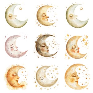 33 Crescent Moons Watercolor Clipart, Whimsical Clipart, PNG Individual ...