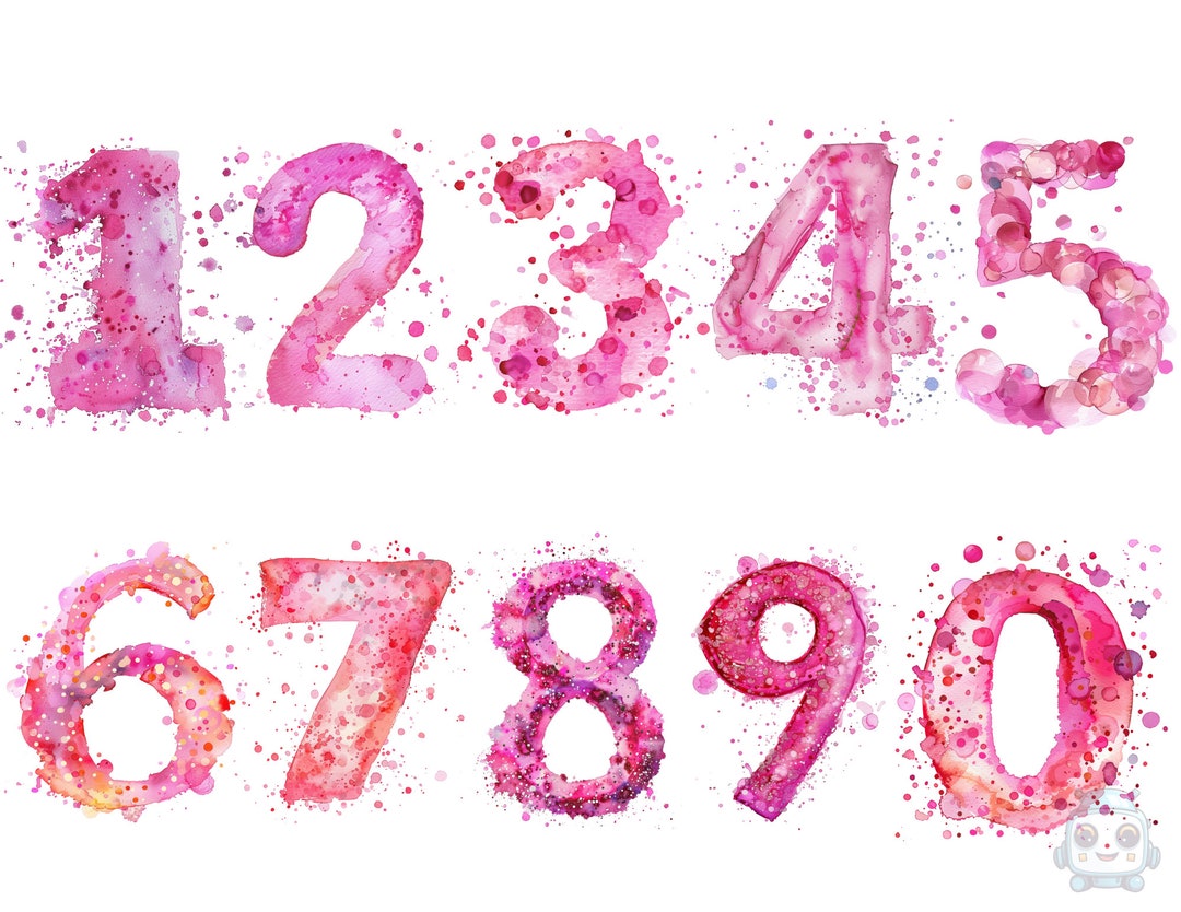 Pink Aquarelle Numbers Clipart, PNG Individual Images on Transparent ...