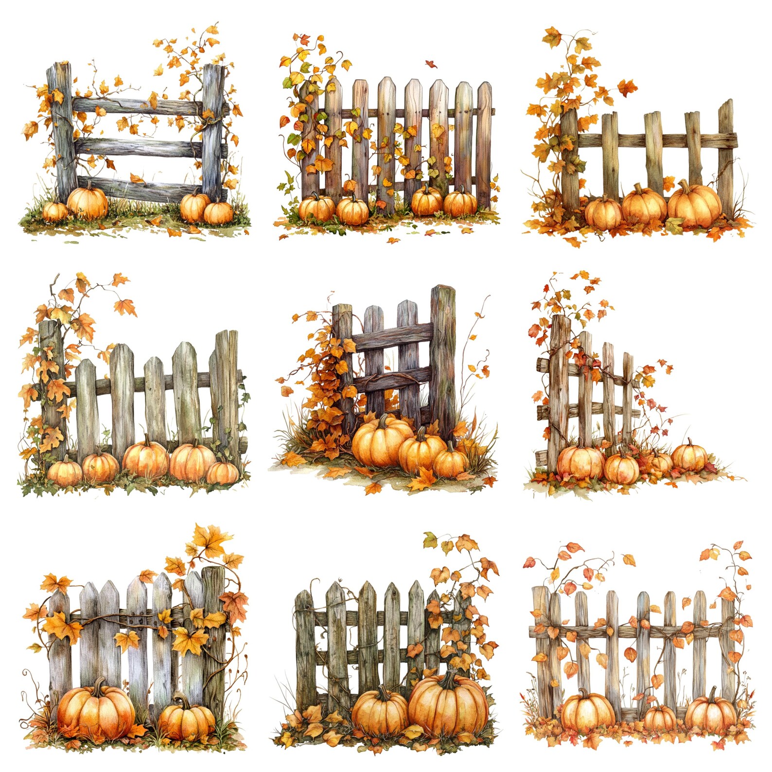 35 Fall Fence Watercolor Clipart, PNG Individual Images on Transparent ...