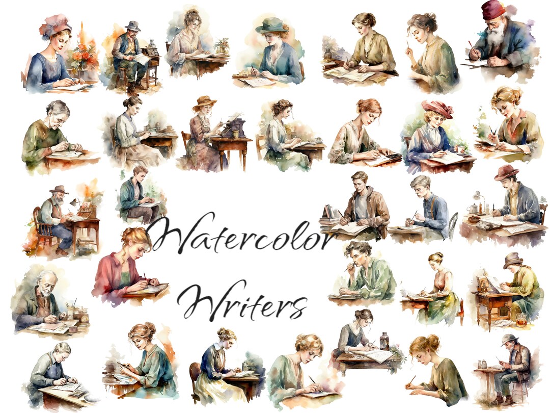 Watercolor Writers Clipart, PNG Digital Files on a Transparent ...