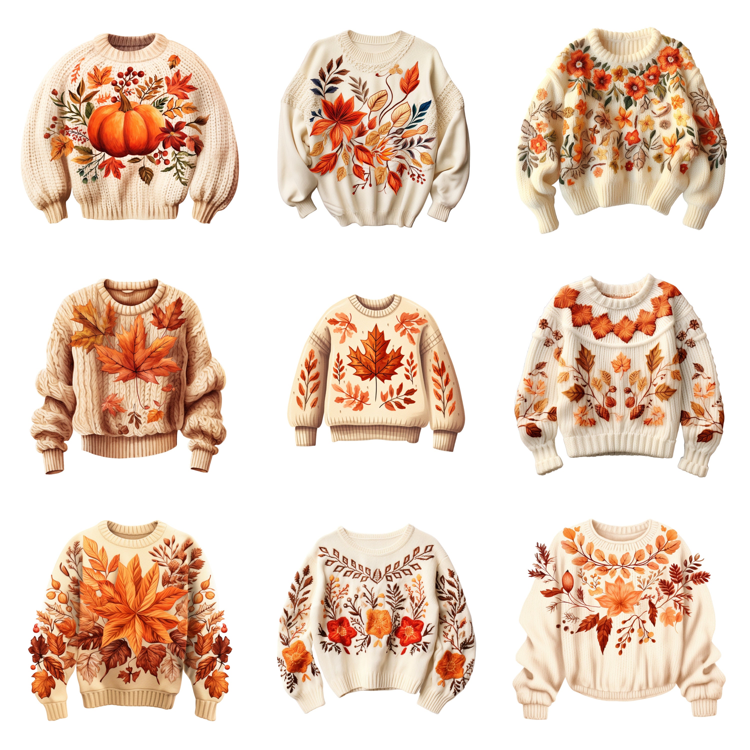 Embroidered Fall Sweaters Clipart, PNG Digital Files on Transparent ...