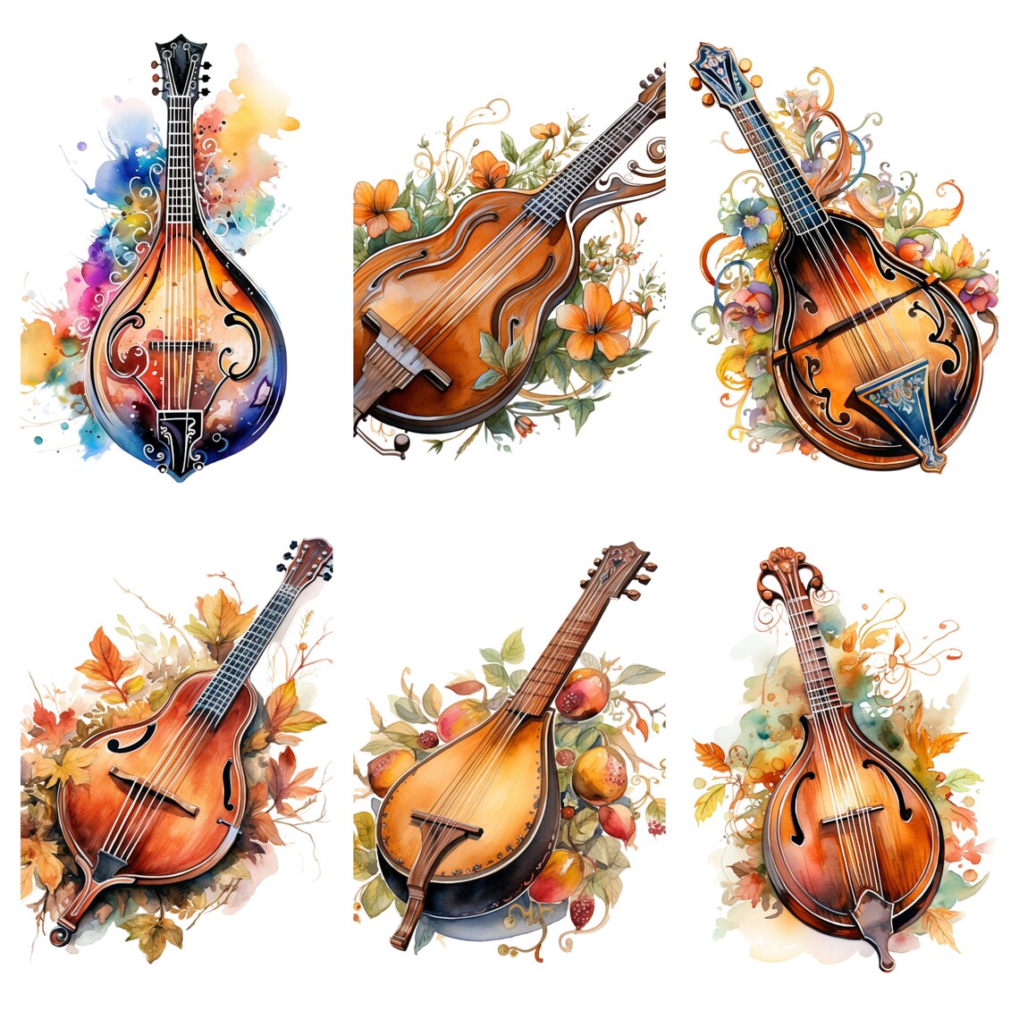 Watercolor Mandolins Clipart, PNG Digital Files on Transparent ...