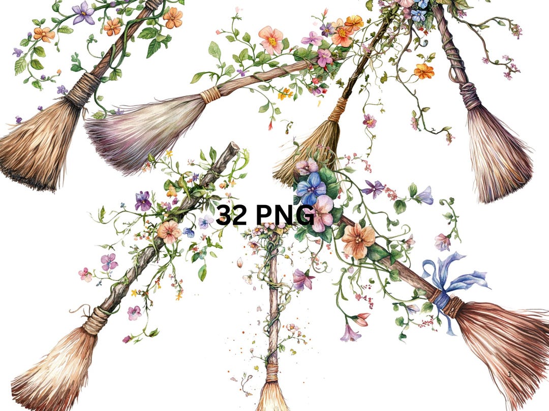 32 Floral Broom Watercolor Clipart, PNG Digital Files on Transparent ...