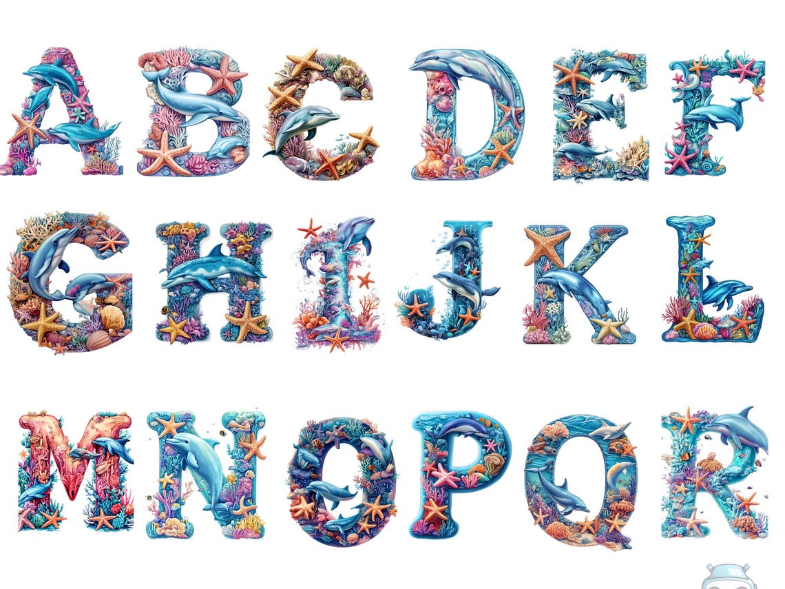 Underwater Ocean Alphabet Clipart - Dolphin & Coral Letters PNG ...